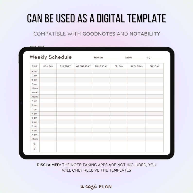 Hourly Weekly Schedule Printable, Digital Planner Template for iPad ...