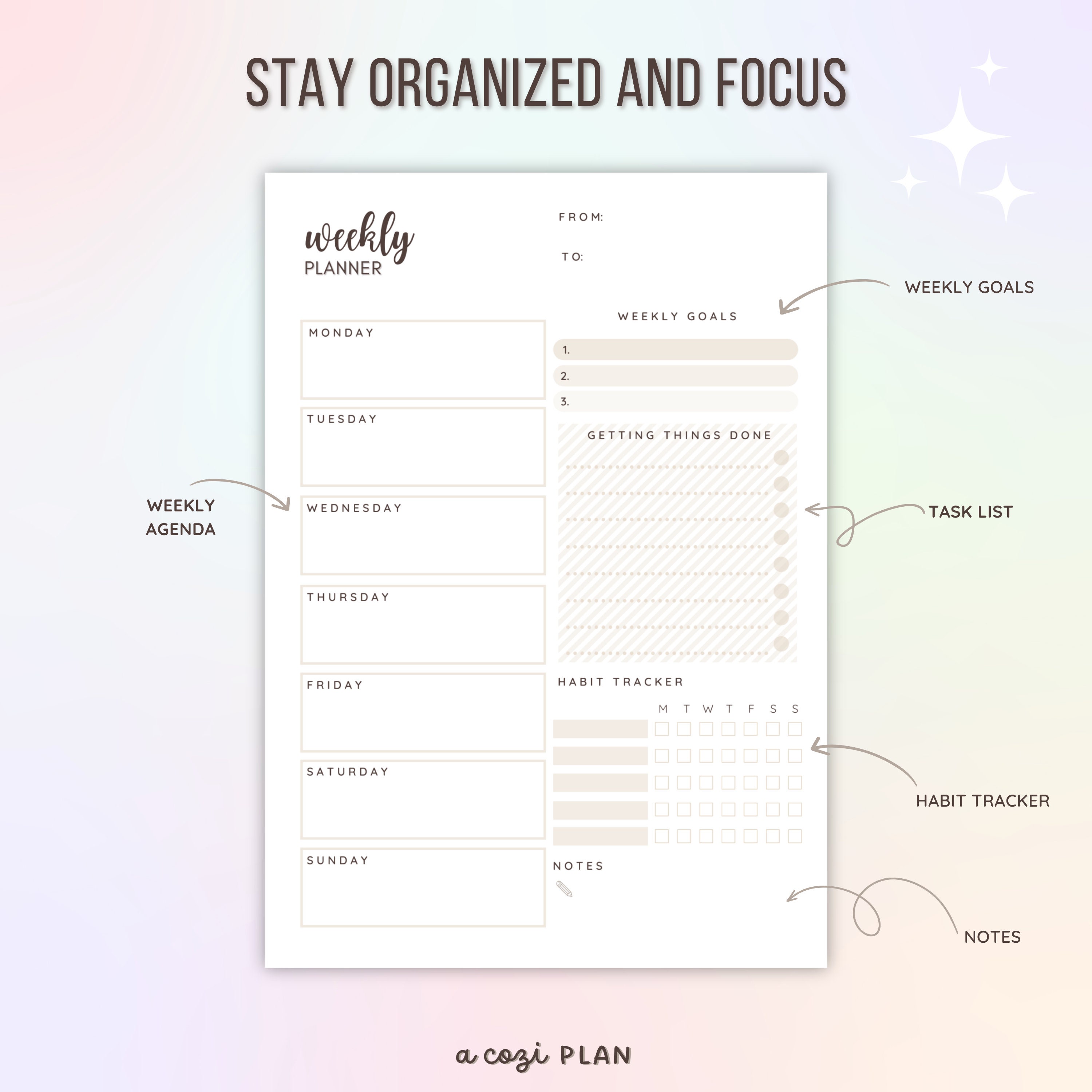 Weekly Planner Printable to Do List, Undated Weekly Schedule, Digital ...
