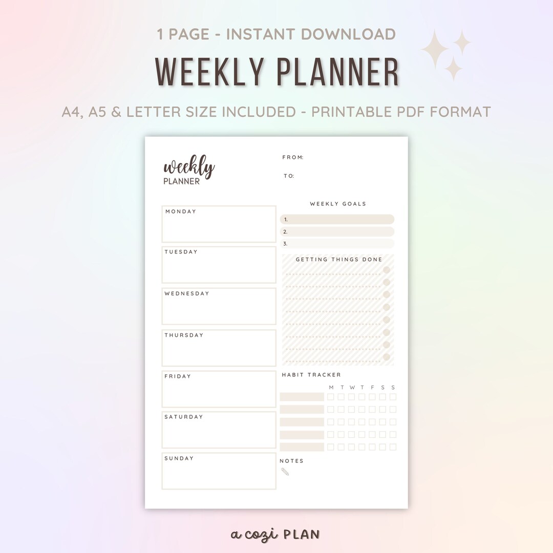 Weekly Planner Printable to Do List, Undated Weekly Schedule, Digital ...