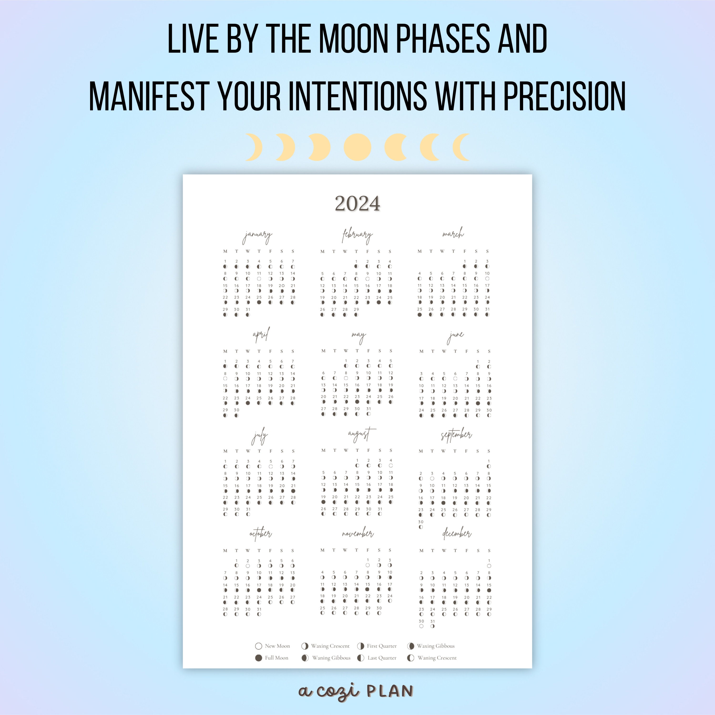 Moon Calendar 2024, Printable Lunar Calendar, Manifestation Planner ...