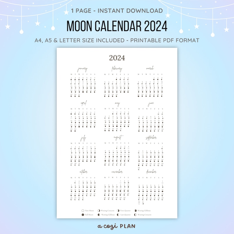 2024 Moon Calendar: Printable Lunar Planner (A4, A5, Letter - PDF) - Etsy