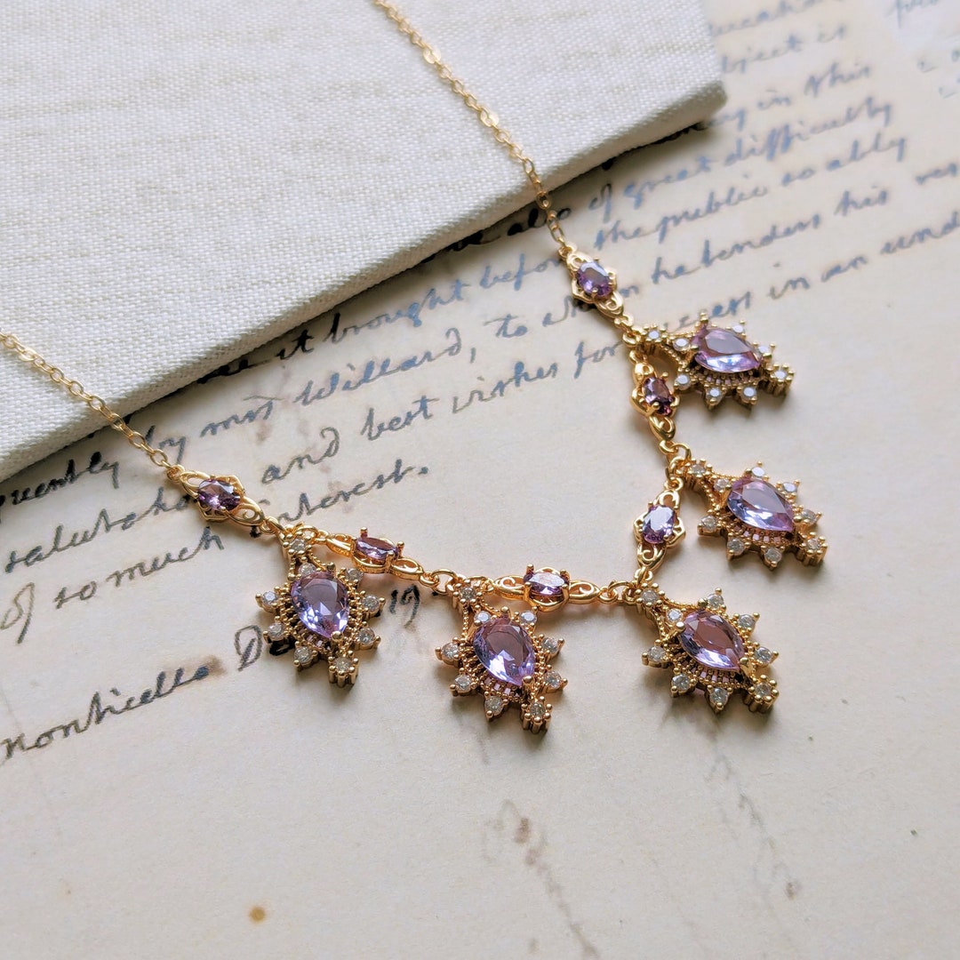REGENCY Inspired Delicate Statement Necklace With Violet Purple Cubic ...