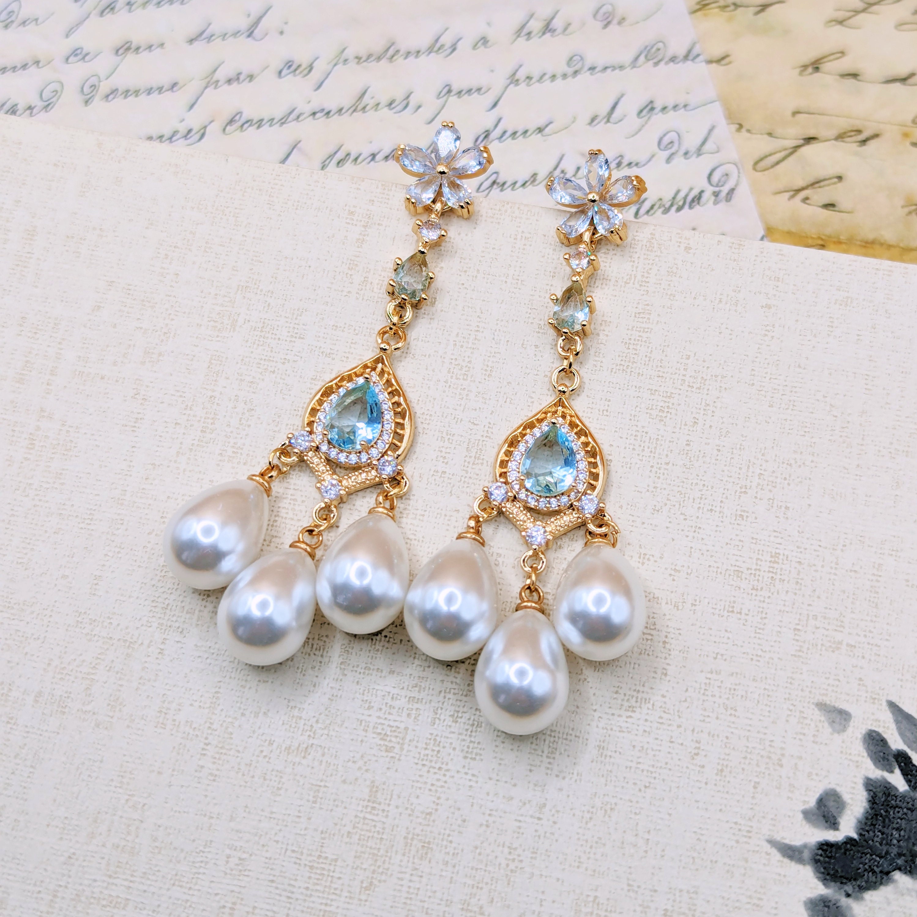 REGENCY Inspired Floral Statement Earrings With Cubic Zirconia & Faux ...