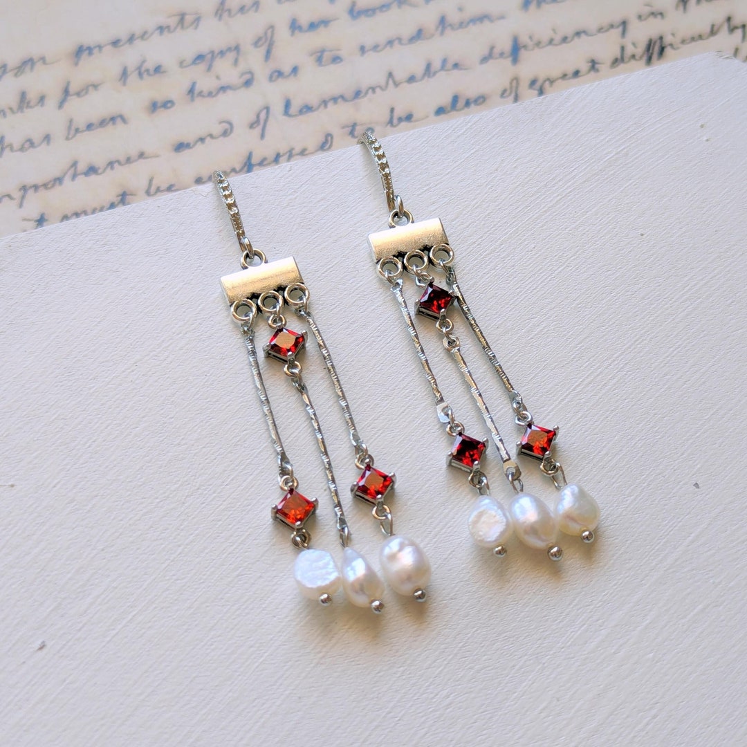 LIA, Ancient Artefact Inspired Red Freshwater Pearl & Cubic Zirconia Silver Drop Earrings, A Bit ...