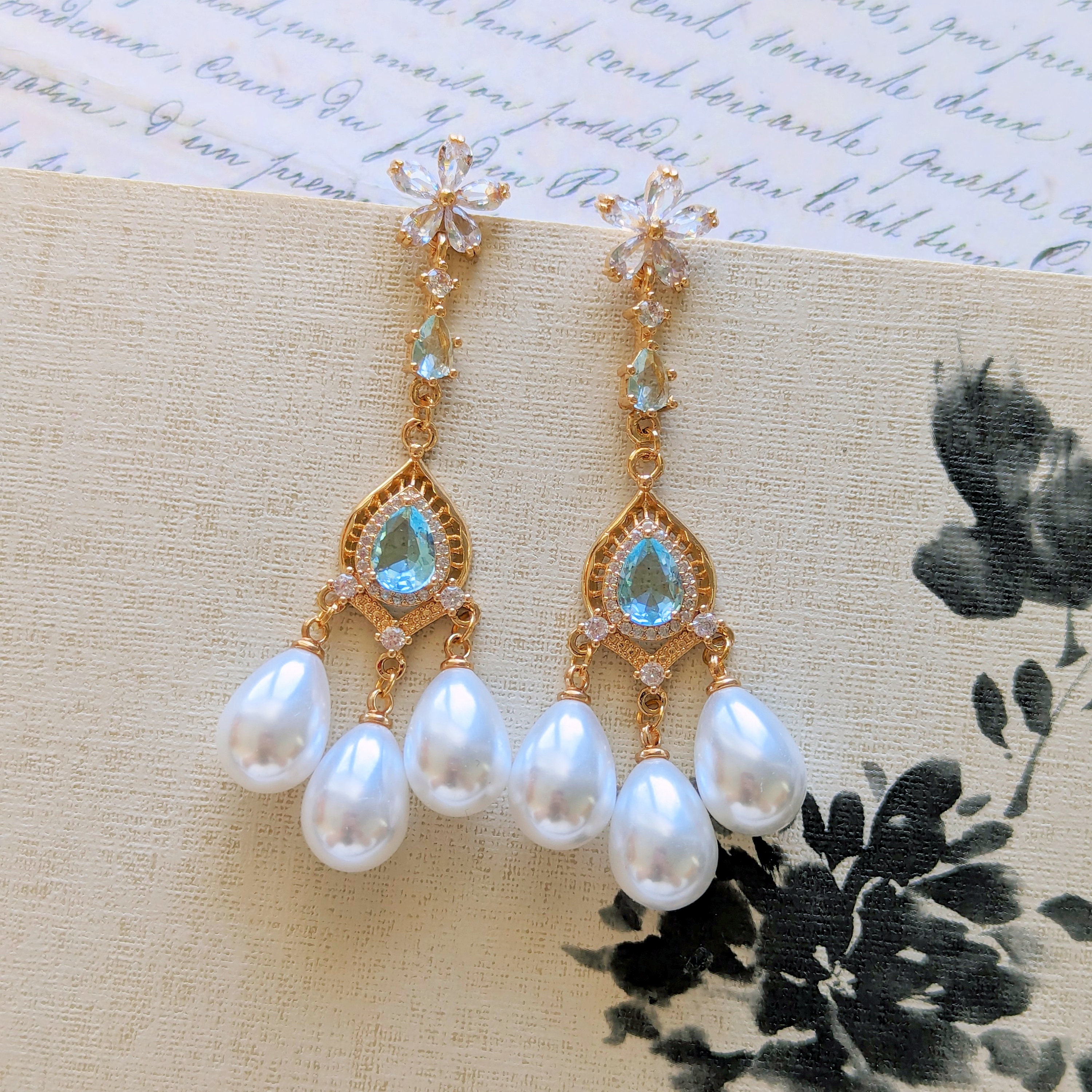 REGENCY Inspired Floral Statement Earrings With Cubic Zirconia & Faux ...
