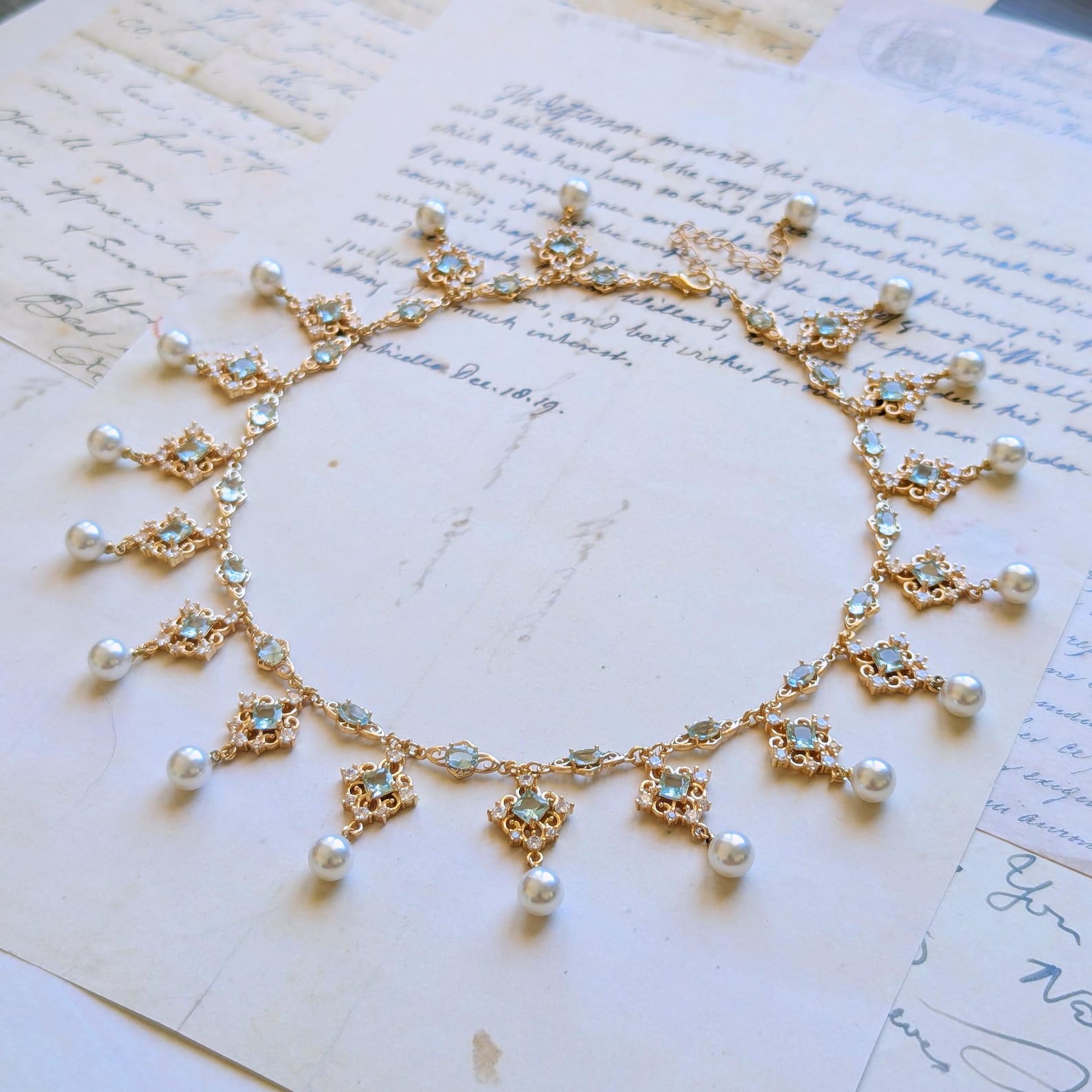 ELAINA: Topaz Blue Regency Necklace, Cubic Zirconia & Faux Pearl ...