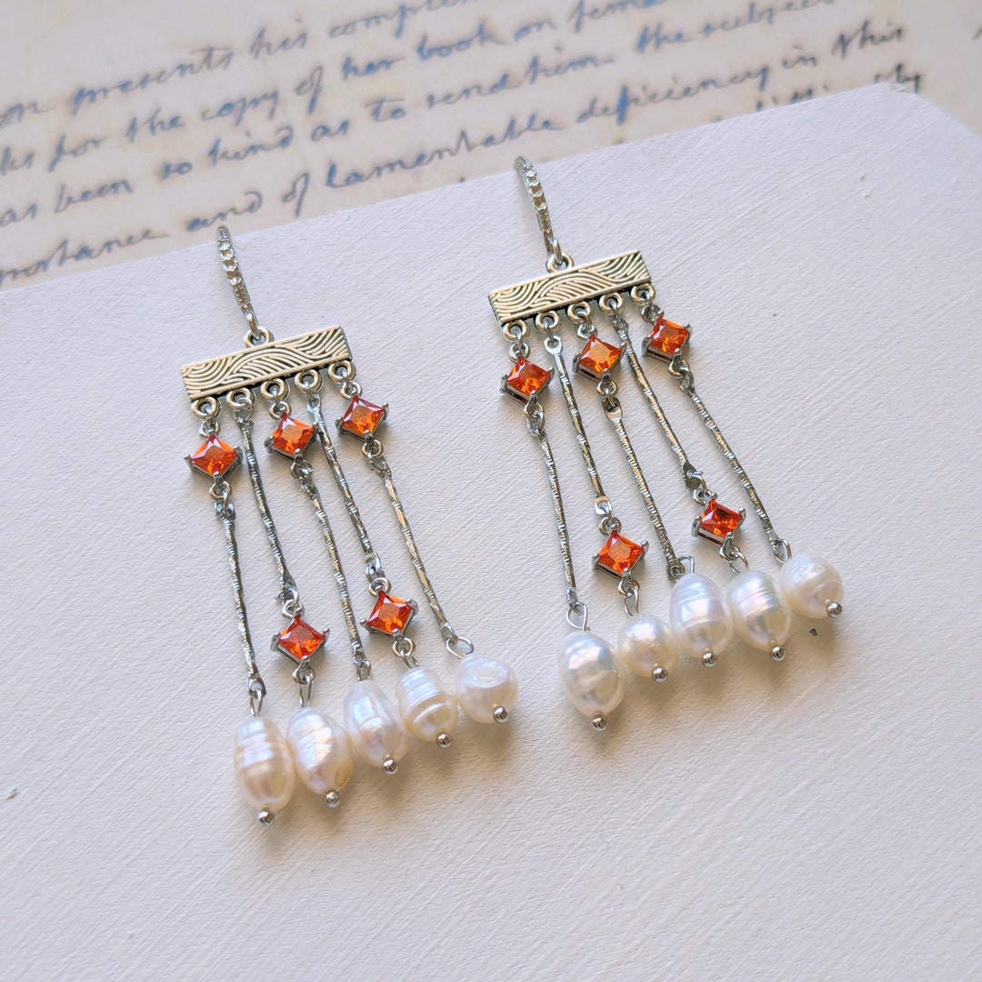 ALEKA, Ancient Artefact Inspired Orange Freshwater Pearl & Cubic Zirconia Silver Drop Earrings ...