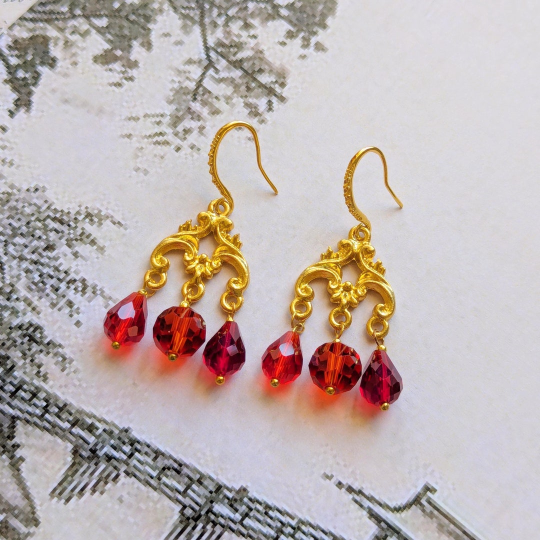OPPIA, Ancient Artefact Inspired Red Crystal & Antique Gold Drop Earrings, A Bit of Bygone ...