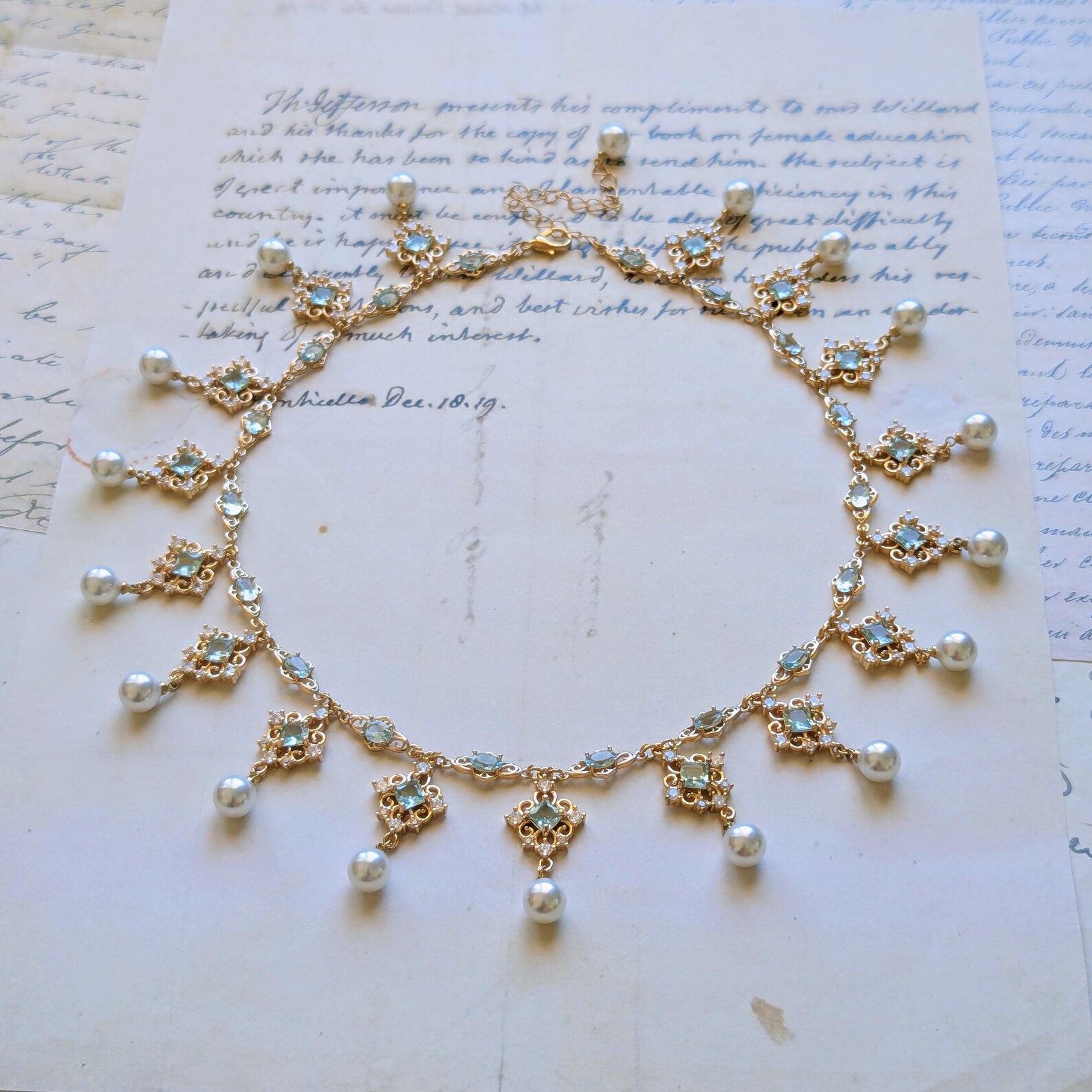 ELAINA, REGENCY Inspired Necklace, Topaz Blue, Aquamarine Cubic ...