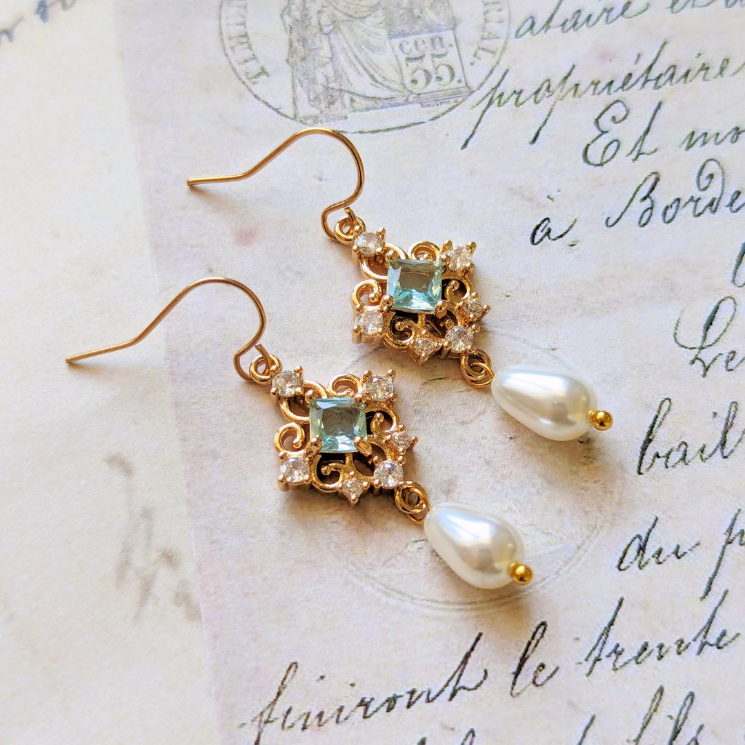 EMMA, REGENCY Inspired Delicate Earrings With Cubic Zirconia & Shell ...