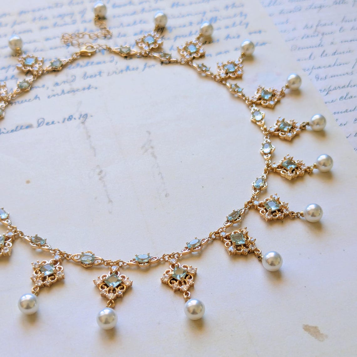 ELAINA, REGENCY Inspired Necklace, Topaz Blue, Aquamarine Cubic ...