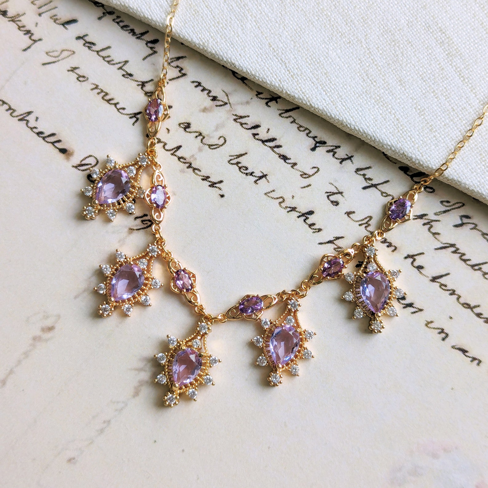 REGENCY Inspired Delicate Statement Necklace With Violet Purple Cubic ...