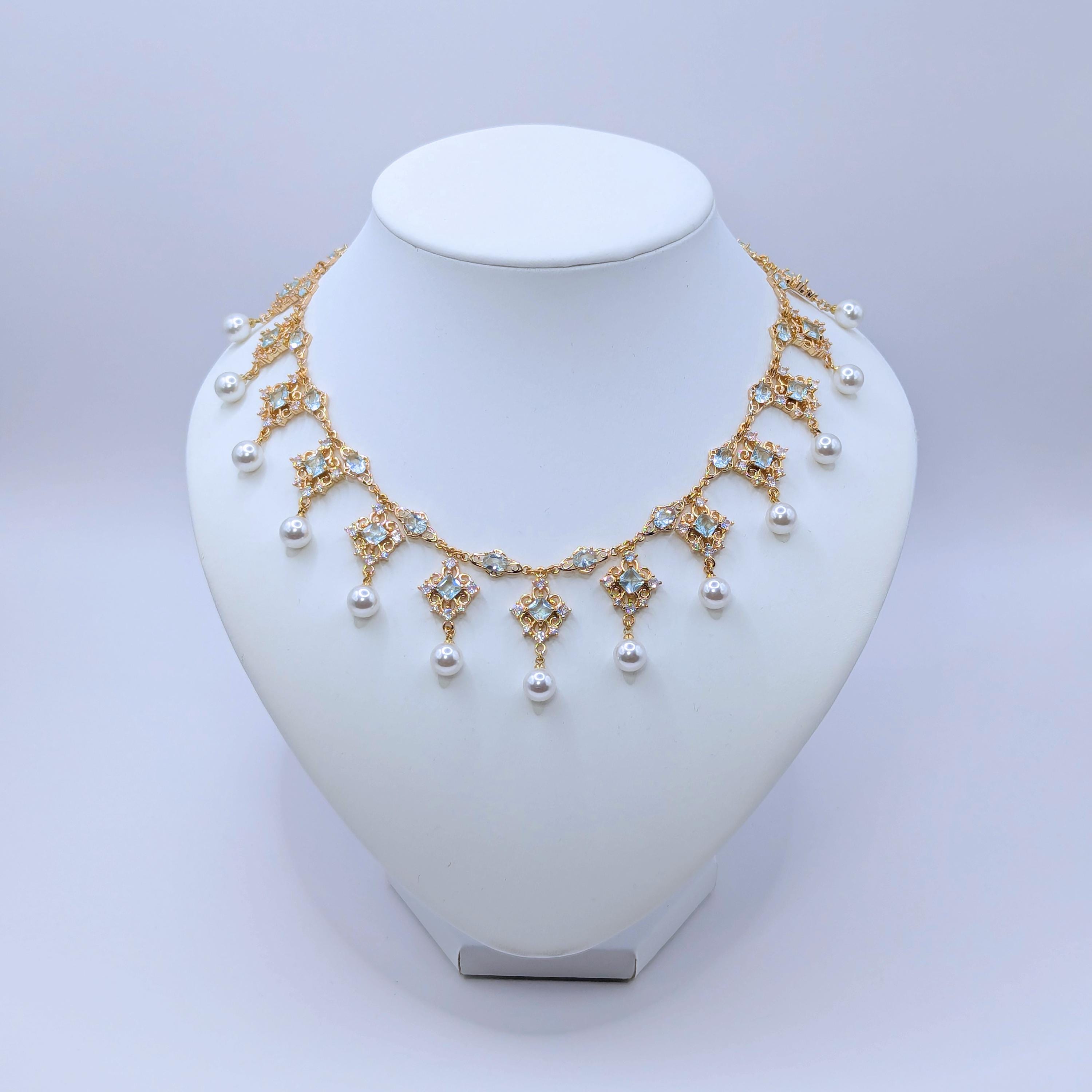 ELAINA: Topaz Blue Regency Necklace, Cubic Zirconia & Faux Pearl ...
