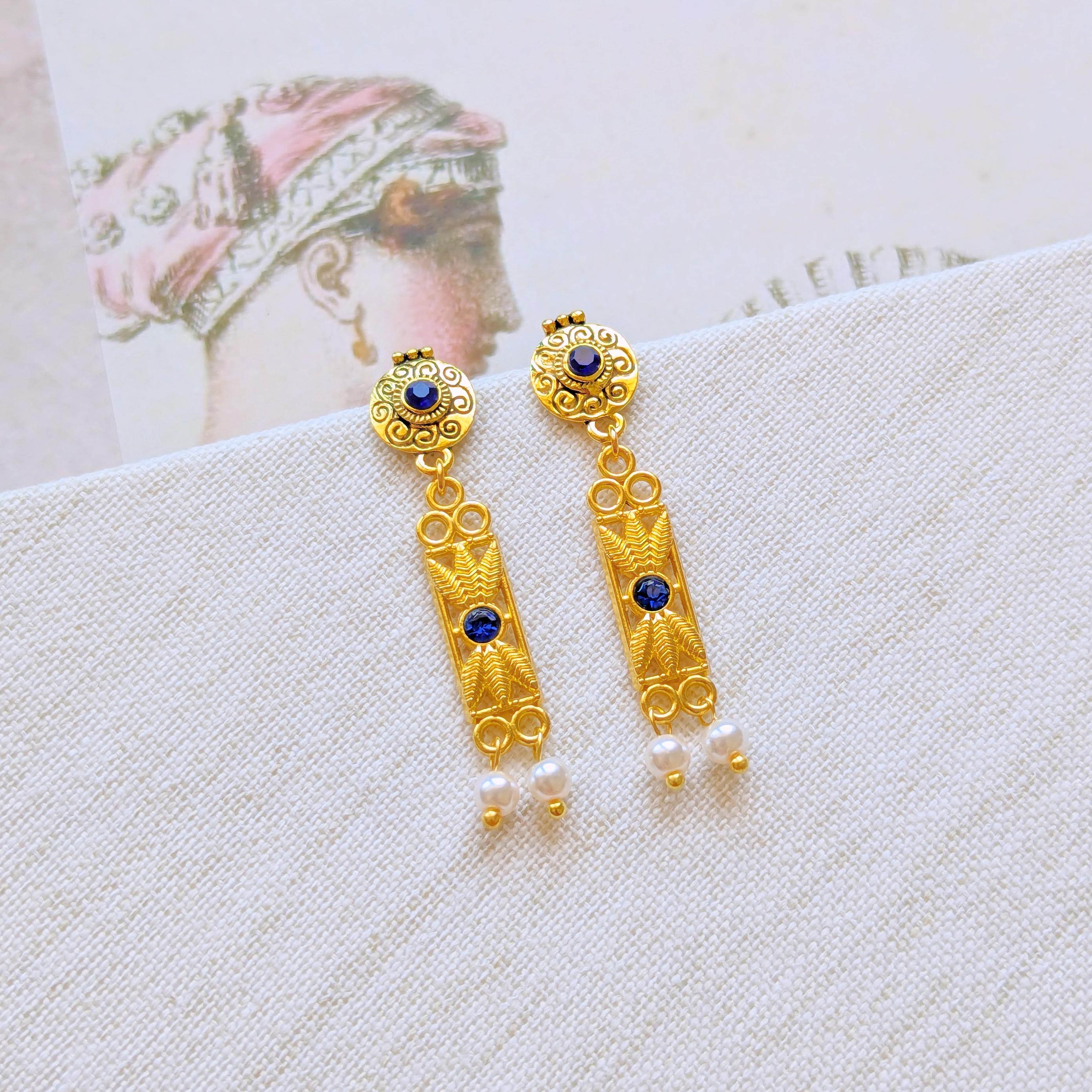 AURELIA, Ancient Artefact Inspired Blue Crystal, Glass Pearl & Antique Gold Stud Drop Earrings ...