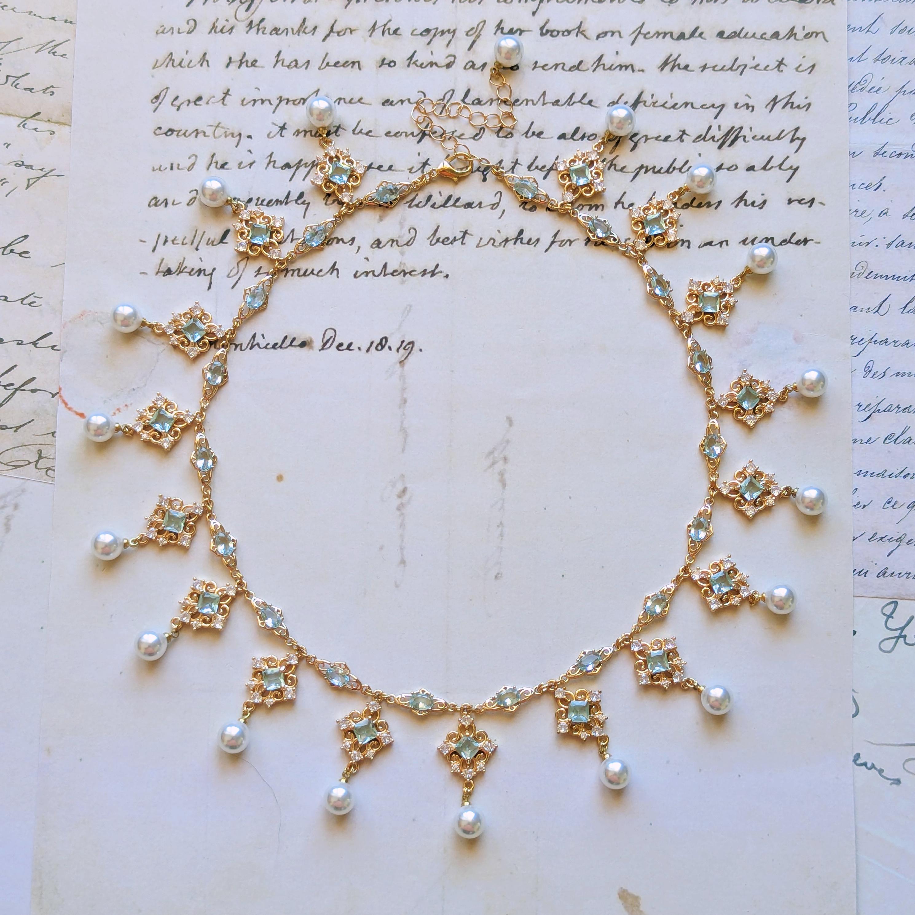 ELAINA: Topaz Blue Regency Necklace, Cubic Zirconia & Faux Pearl ...