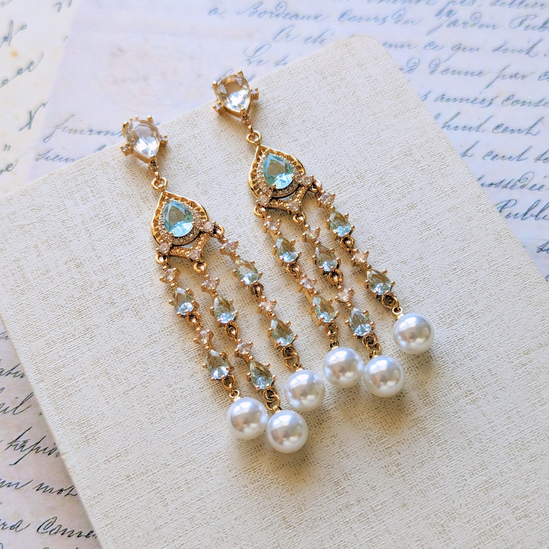 REGENCY Inspired Delicate Statement Earrings With Cubic Zirconia & Faux ...