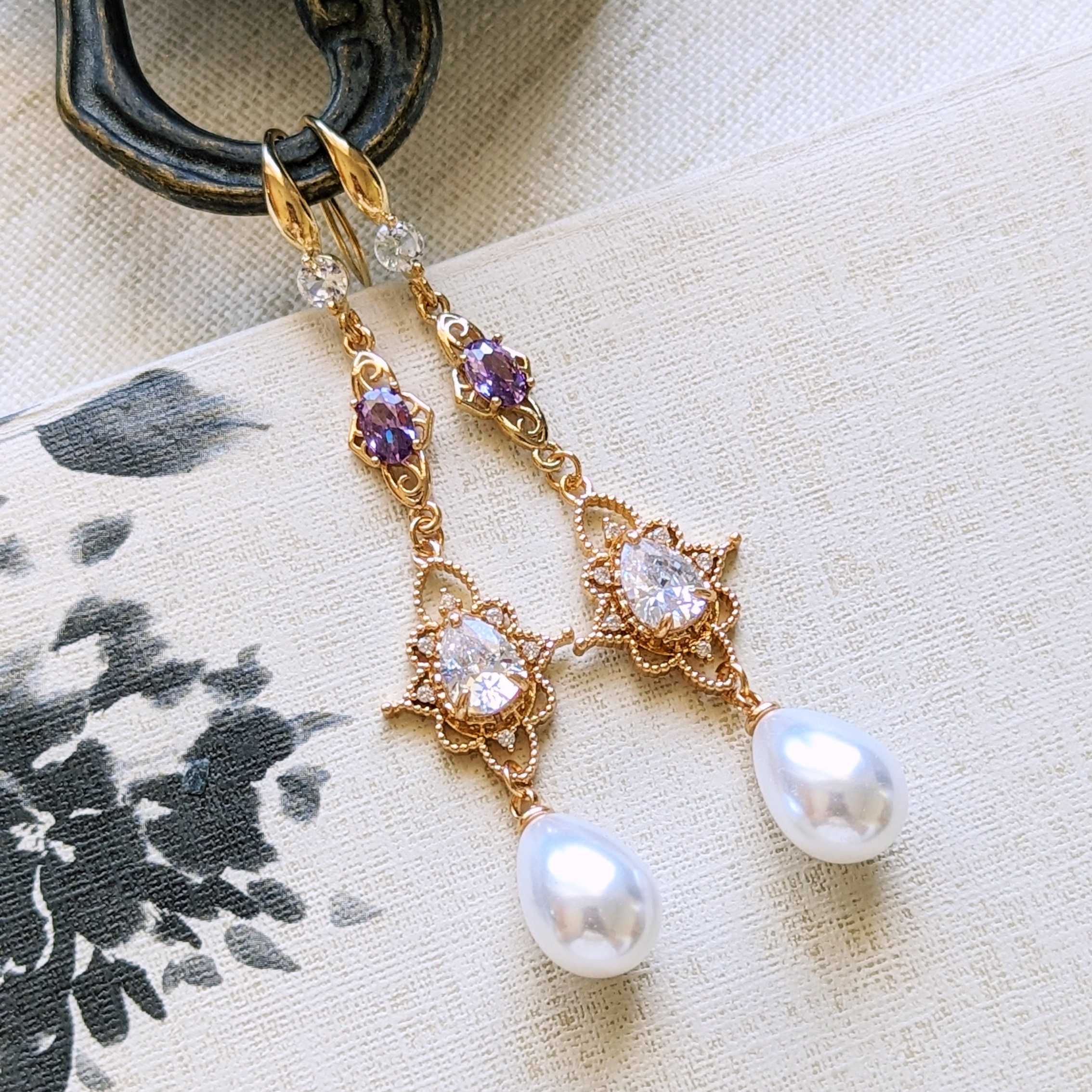REGENCY Inspired Delicate Statement Earrings With Cubic Zirconia & Faux ...
