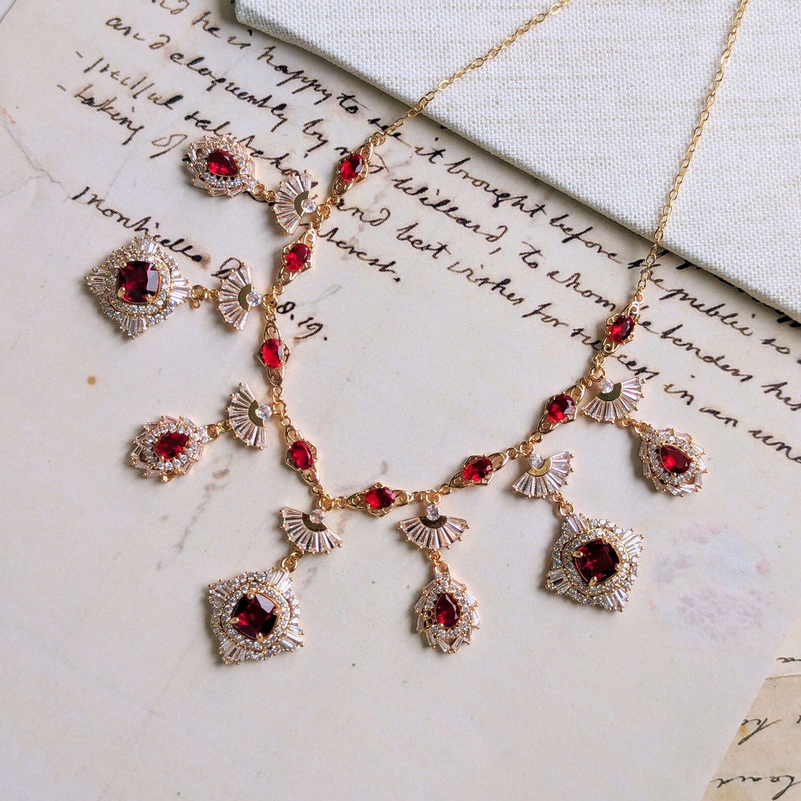 REGENCY Inspired Delicate Statement Necklace With Ruby Red Cubic ...