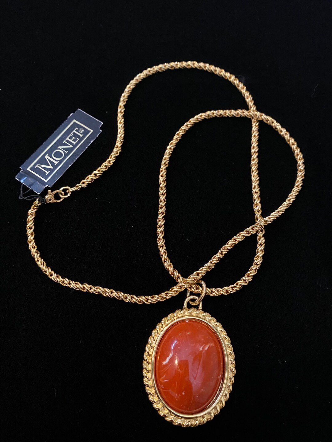 Vintage Signed Monet Coral Red Faux Stone Gold Tone Necklace, New - Etsy