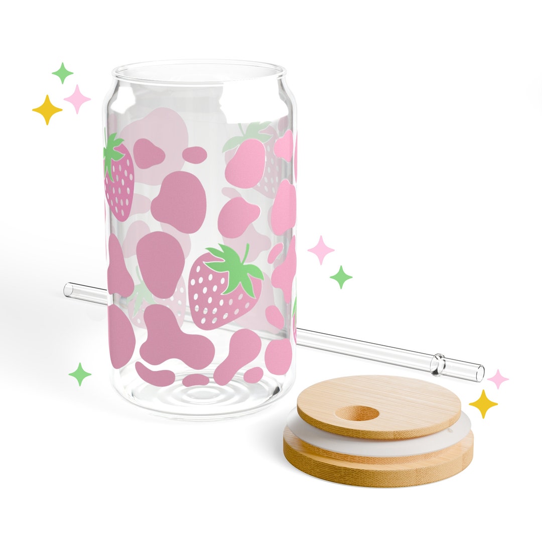 Pink Strawberry Milk Glass Cup | Cow Print Glass Cup With Bamboo Lid ...