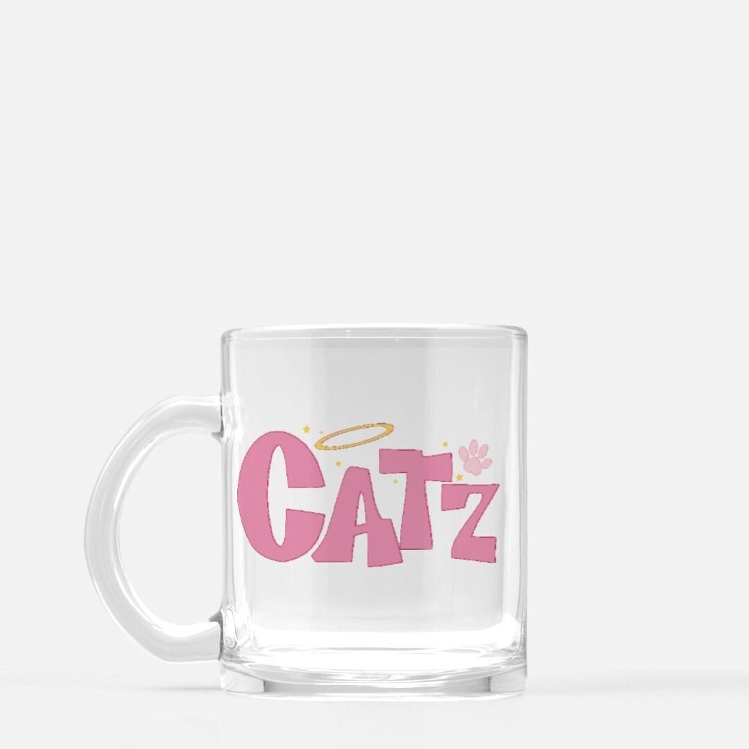 Catz Glass Mug Kawaii Cat Lovers Coffee Mug Cute Pink Angelic Kitty Tea ...