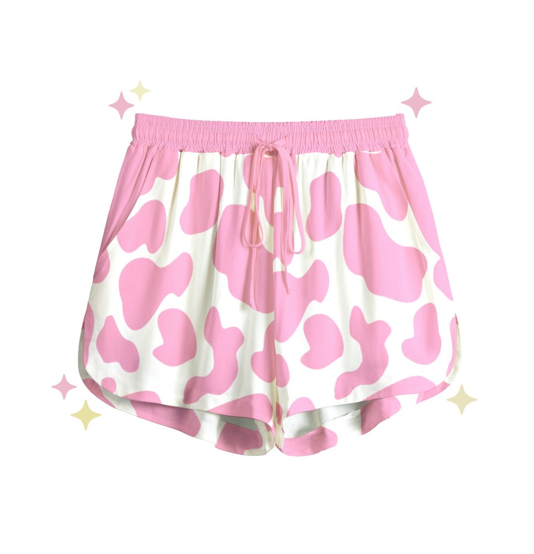 Pink Cow Print Shorts | Soft-style Boho Pocket Shorts Pastel Kawaii ...
