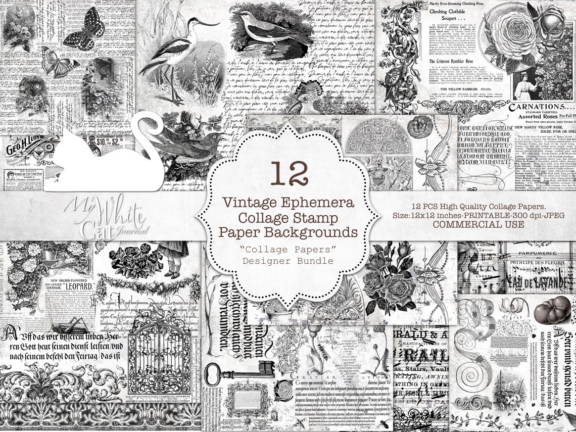 Junk Journal, Ink Saver, Stamp Papers, Collage Paper, Monochrome, Black ...