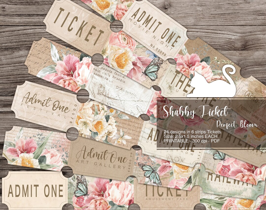 Junk Journal, Printable Ticket, Shabby Pink Floral, Card, Collage ...