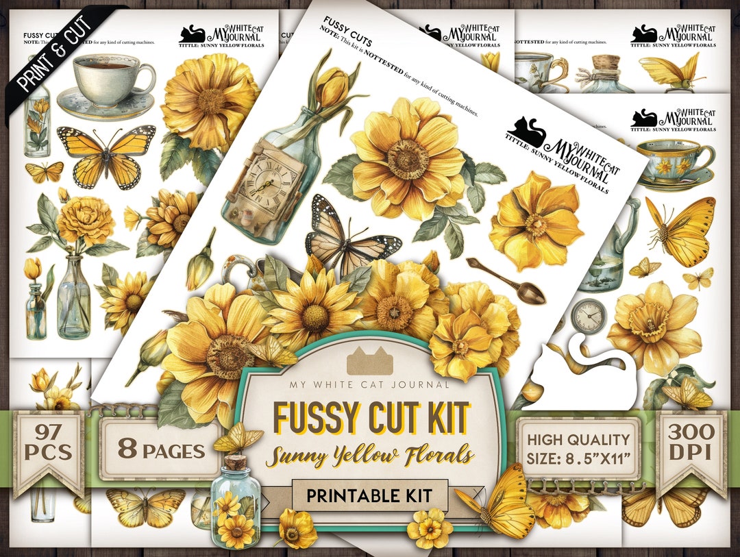 Printable Yellow Floral Stickers | Junk Journal Ephemera Kit | Vintage ...