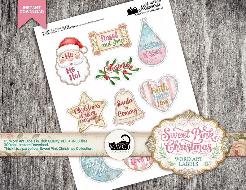 Christmas Word Stickers Printable | Pink Holiday Ephemera | Junk ...