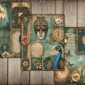 Junk Journal Collages, Regal Masquerade, Teal, Collage Papers ...