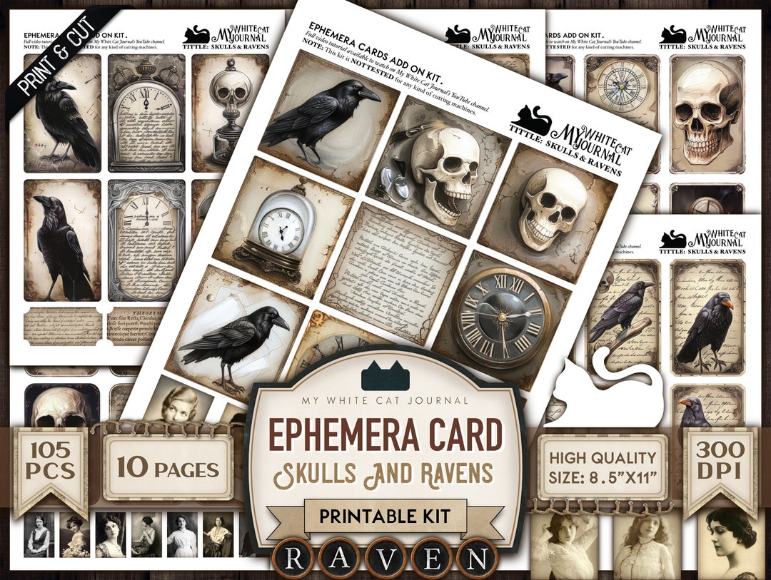 Junk Journal, Skulls and Ravens, Gothic, Ephemera Card, Printable ...