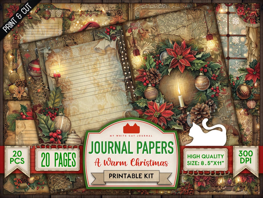 20 Printable Junk Journal Papers, A Warm Christmas, Horizontal Pages ...