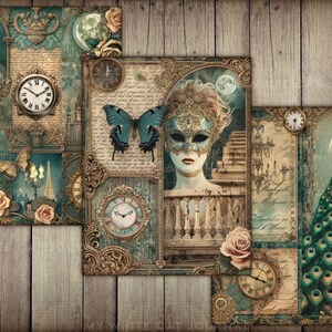 Junk Journal Collages, Regal Masquerade, Teal, Collage Papers ...