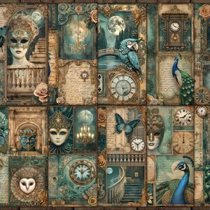 Junk Journal Collages, Regal Masquerade, Teal, Collage Papers ...