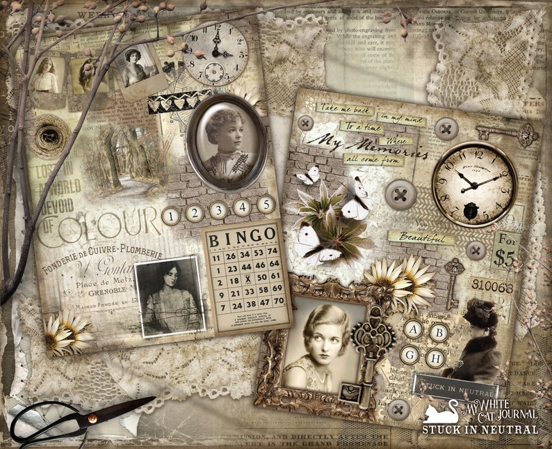 Junk Journal, Stuck in Neutral, Paper Pack, Printable, Neutral, Collage ...