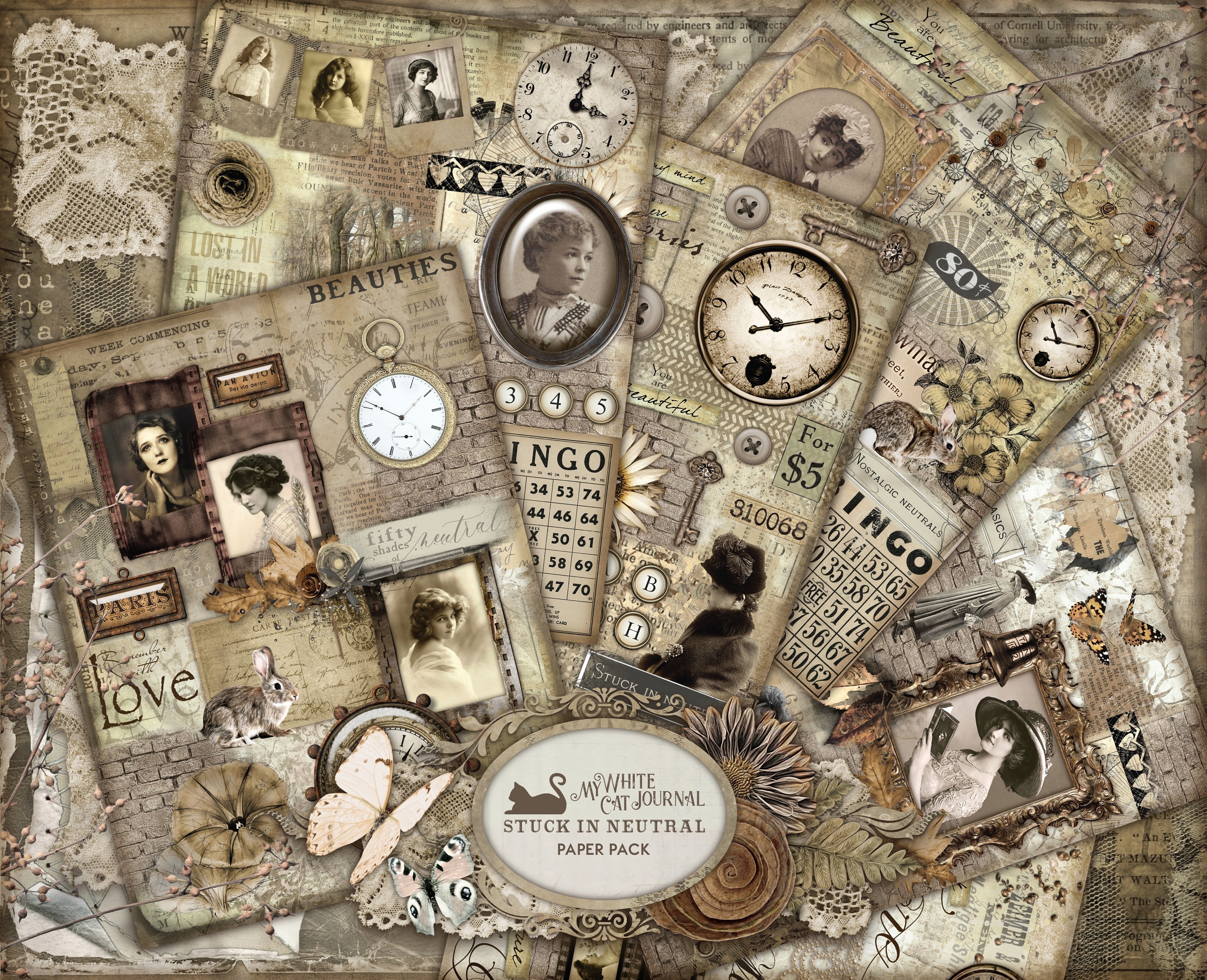 Junk Journal, Stuck in Neutral, Paper Pack, Printable, Neutral, Collage ...
