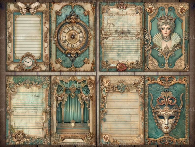 Teal Junk Journal Papers: Regal Masquerade Ephemera (digital Download ...