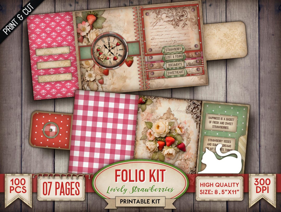 Folio Kit, Lovely Strawberry, Printable, Folding Folio, Junk Journal ...