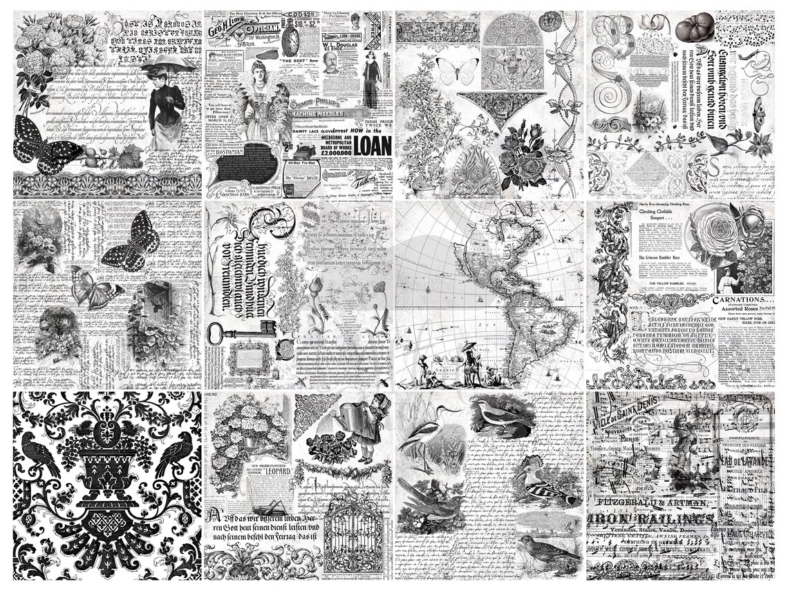 Junk Journal, Ink Saver, Stamp Papers, Collage Paper, Monochrome, Black ...