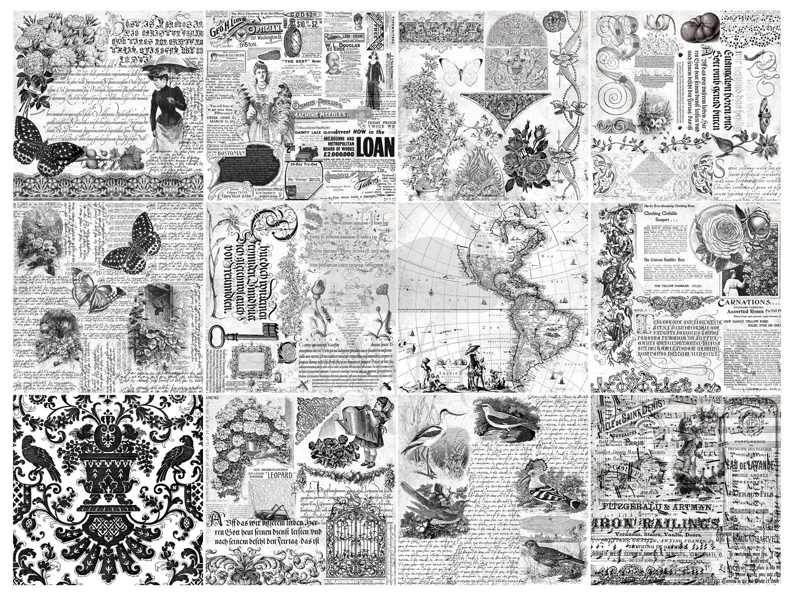 Junk Journal, Ink Saver, Stamp Papers, Collage Paper, Monochrome, Black ...