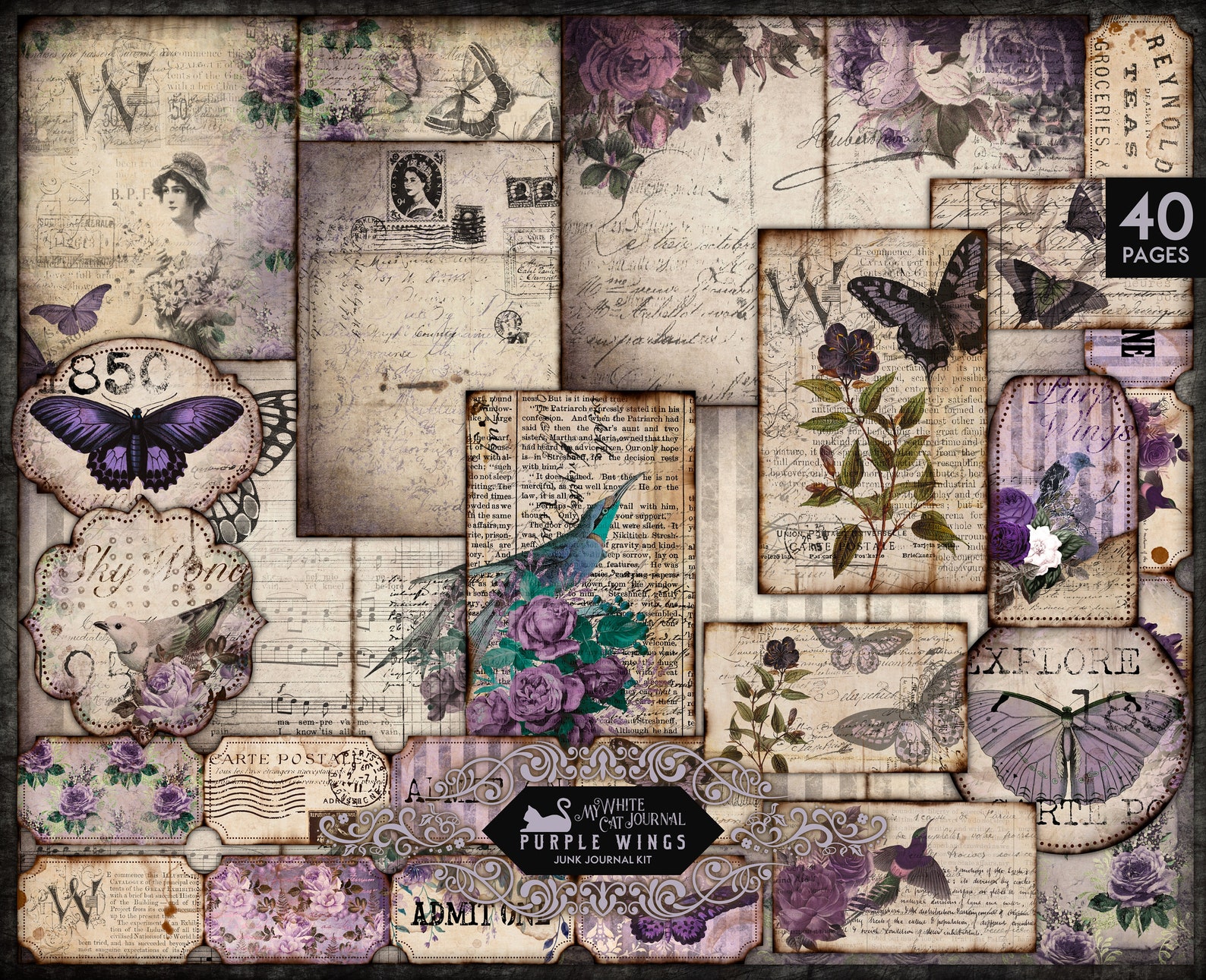 Junk Journal Kit Purple Butterfly Floral Bird Ephemera - Etsy