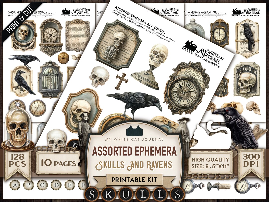 Junk Journal, Skulls and Ravens, Gothic, Assorted Ephemera, Cards ...