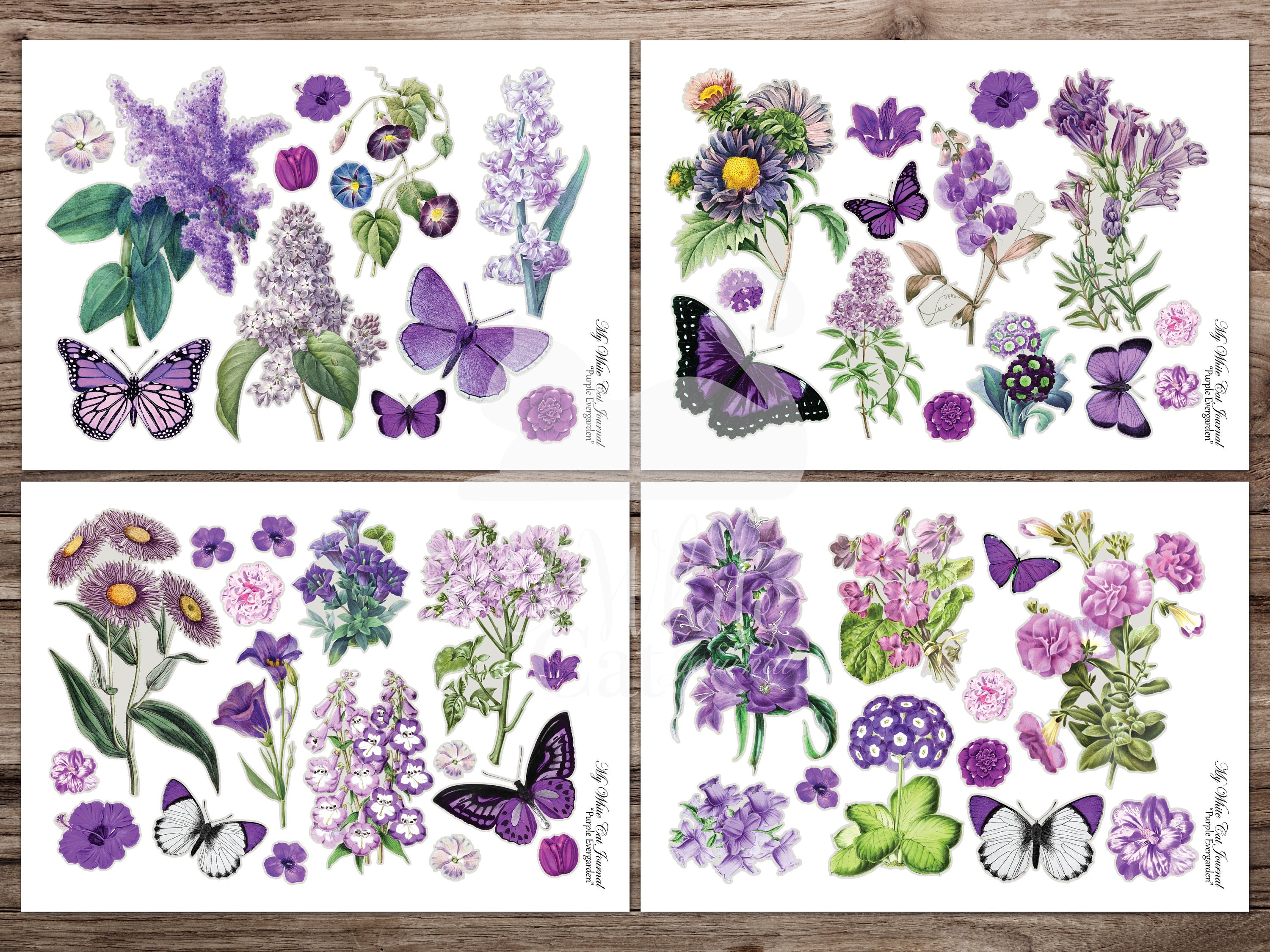 Junk Journal, Fussy Cuts, Purple Floral Stickers, Printable, Collage ...