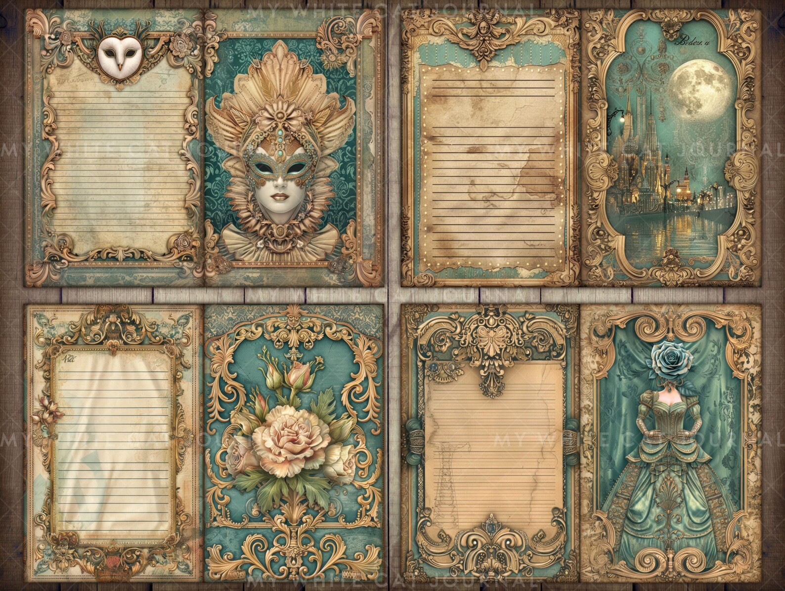 Teal Junk Journal Papers: Regal Masquerade Ephemera (digital Download ...