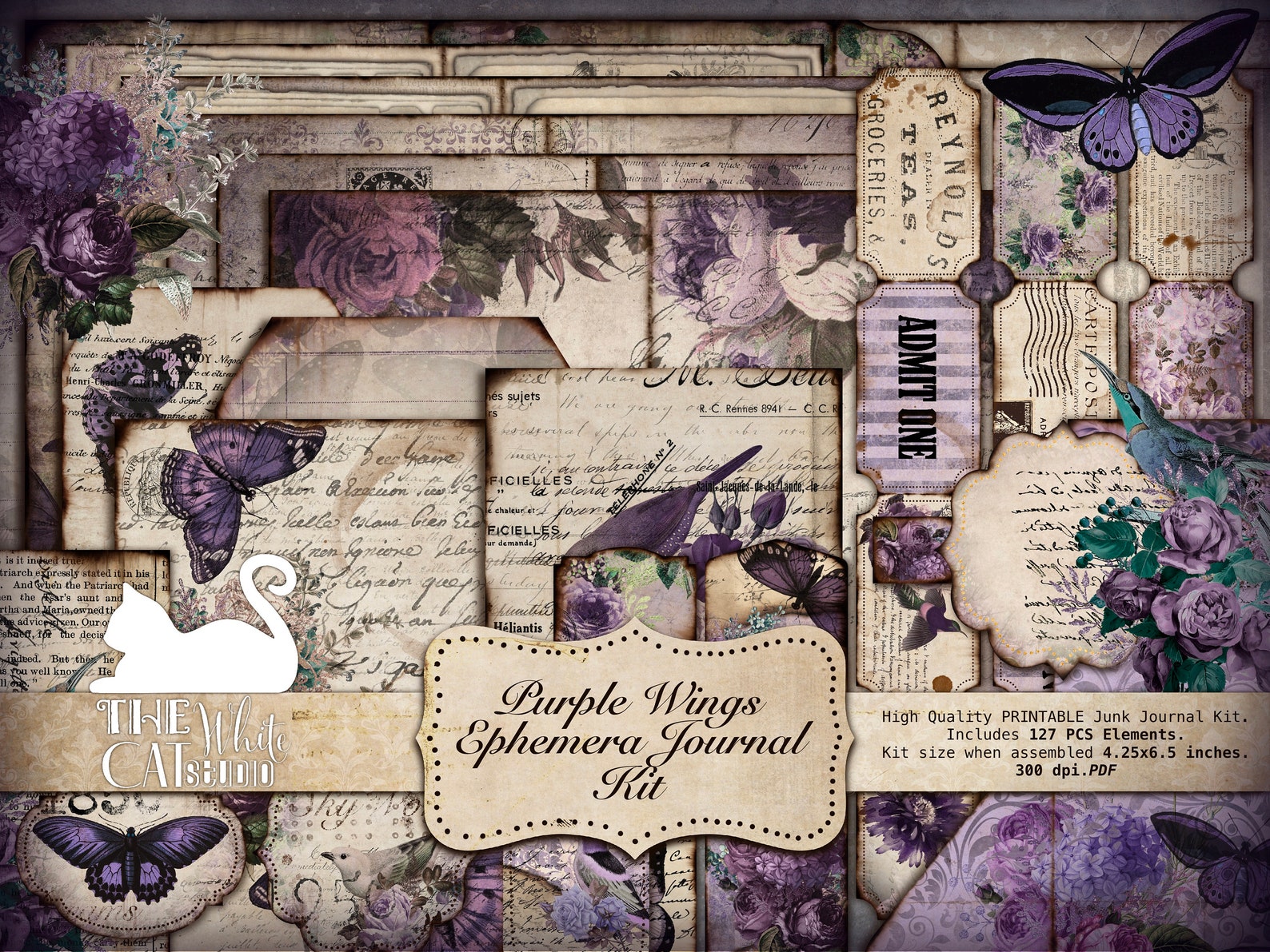 Junk Journal Kit Purple Butterfly Floral Bird Ephemera - Etsy