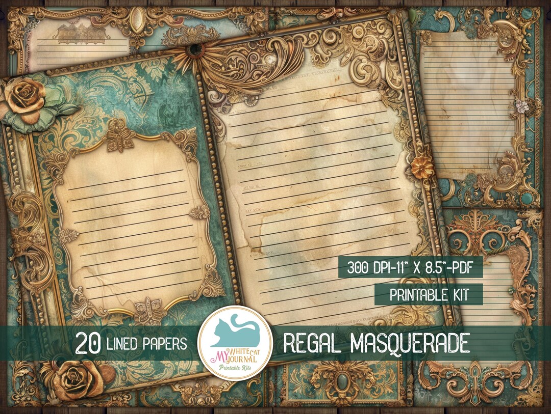 Regal Masquerade Junk Journal Papers: Teal Lined Ephemera (digital ...
