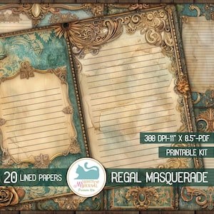Junk Journal Papers, Regal Masquerade, Teal, Lined Papers, Printable ...