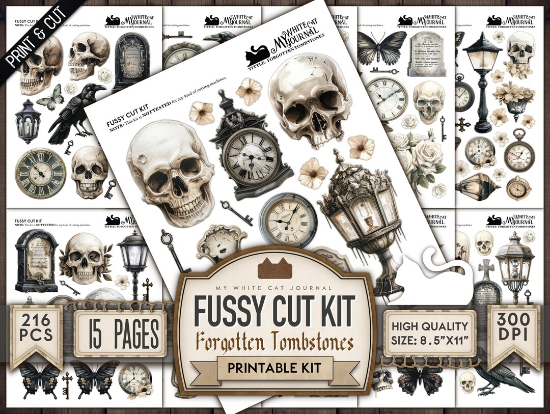 Spooky Tombstone Stickers: Monochromatic Junk Journal Embellishments ...