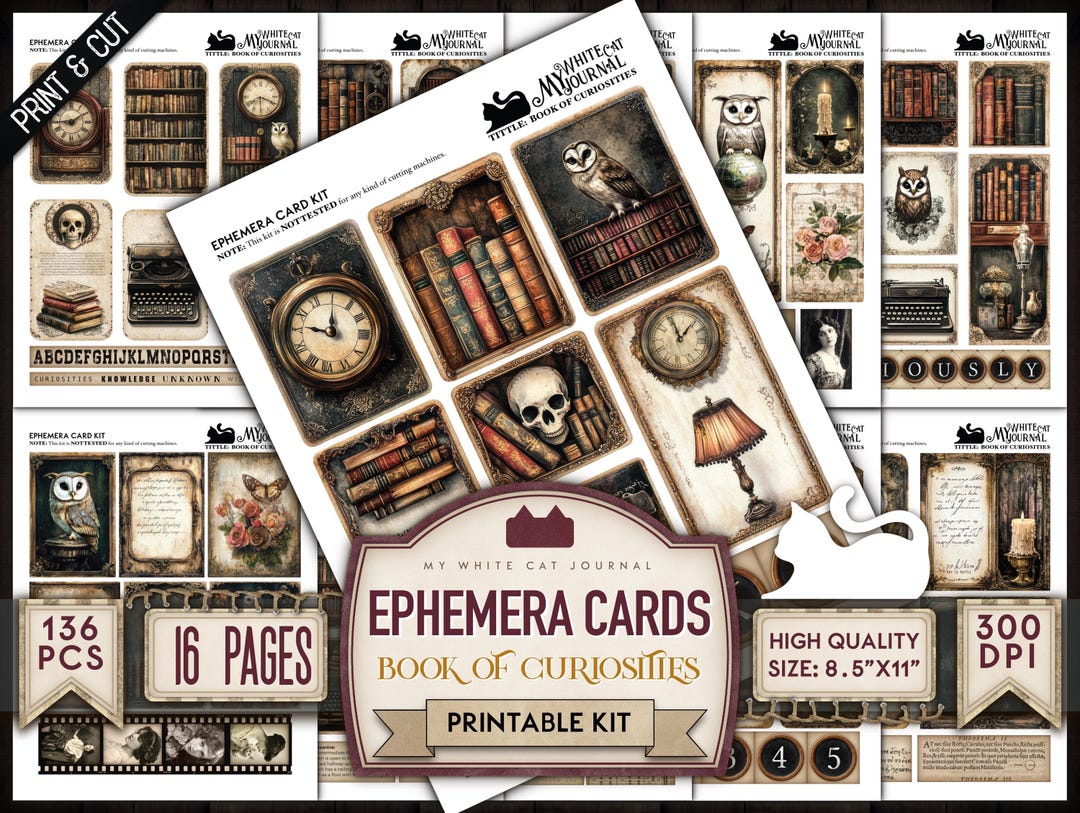 Dark Academia, Ephemera Cards, Printable, Book of Curiosities, Junk ...